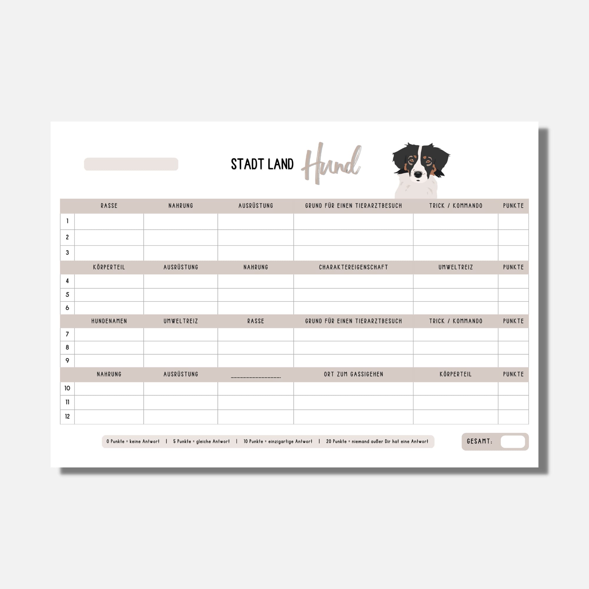 Stadt Land Hund Spielblock DIN A4 - rabaukenglueck